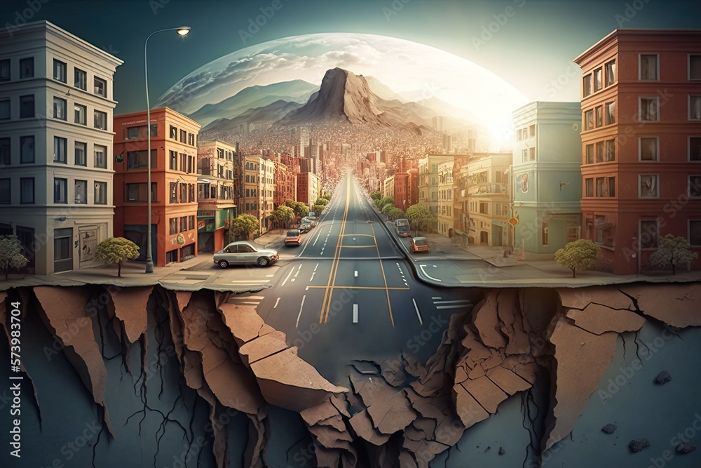 The ground breaks and structures crumble in an urban seismic event ...