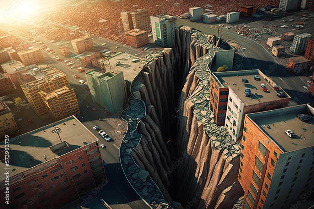 Photo & Art Print city rocked by earthquake with ground cracking and ...