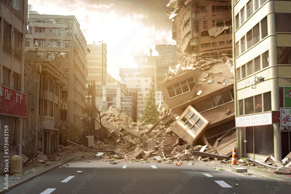 City earthquakes with cracking earth and crashed buildings. The concept ...