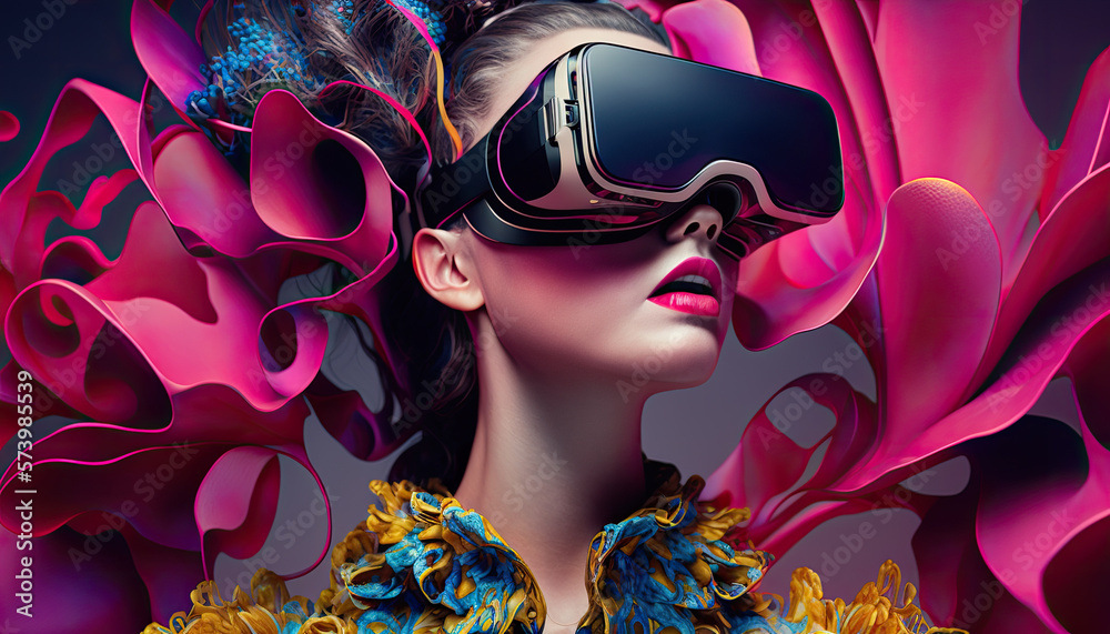 Virtual Reality. Woman in VR glasses with futuristic fashion style ...