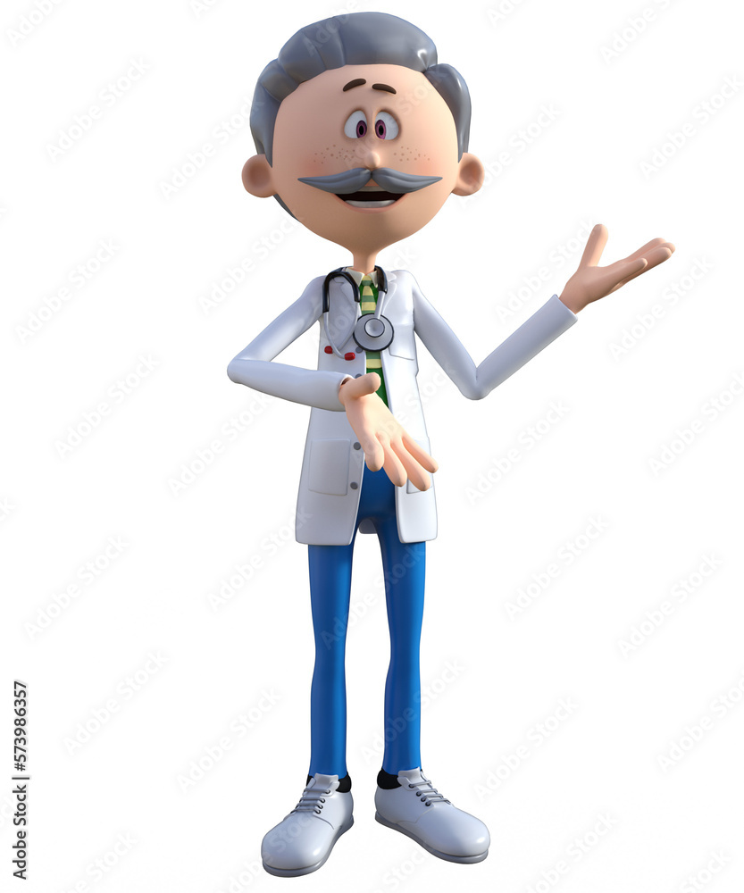full height male cartoon character doctor wears white coat and glasses ...