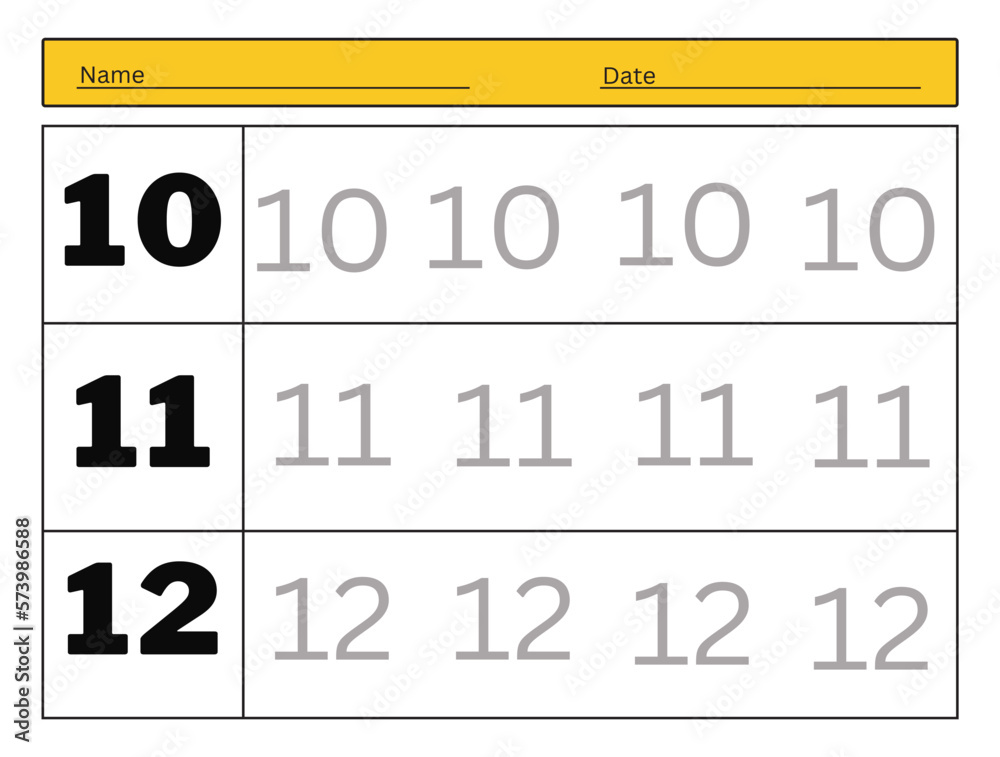 The practice of writing numbers 10, 11, 12. Tracking worksheet count ...