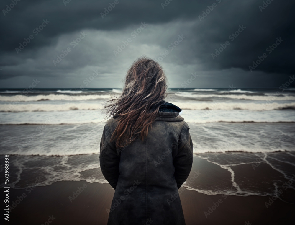 Woman or person is standing at the beach and watching the stormy ...
