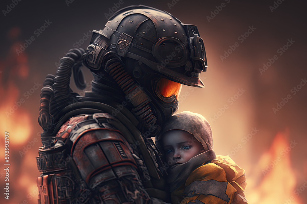 Heroic robot, android, droid, cyborg firefighter putting out hot flames ...