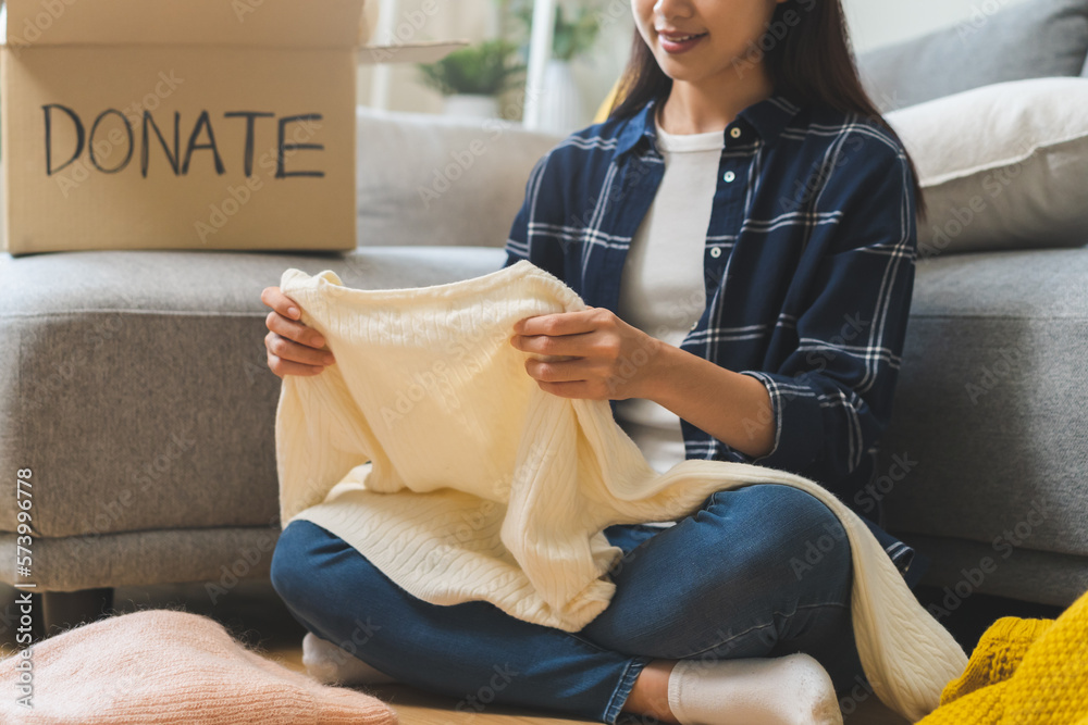 Recycling, Donation for poor, asian young woman, girl hand packing ...