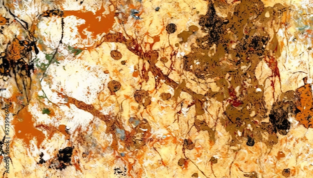 an abstract painting with lots of paint splattered on it's walls and a clock in the middle of ...