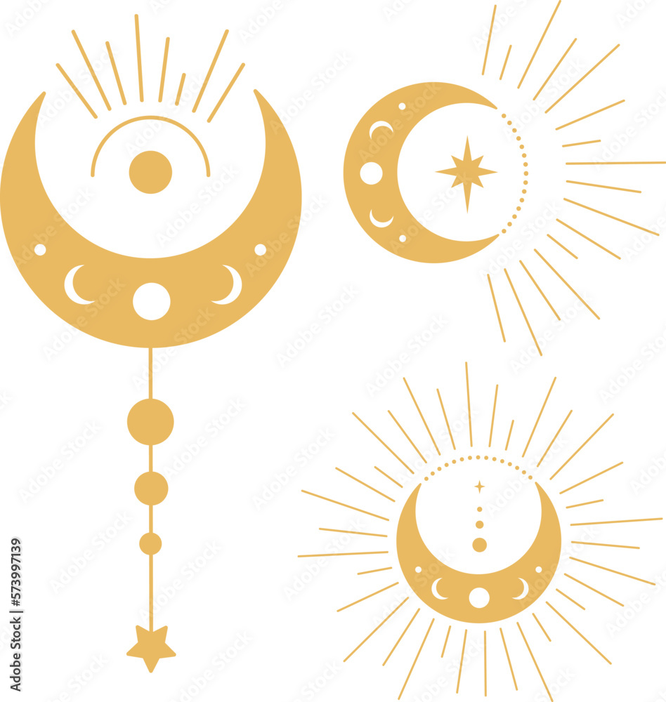 Bohemian Gold Crescent Moon with Stars and Rays Astrology Illustrations ...