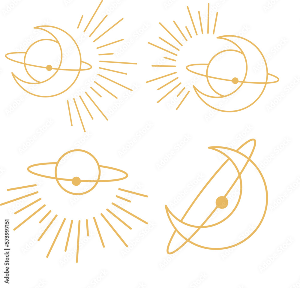 Bohemian Gold Crescent Moon with Stars and Rays Astrology Illustrations ...
