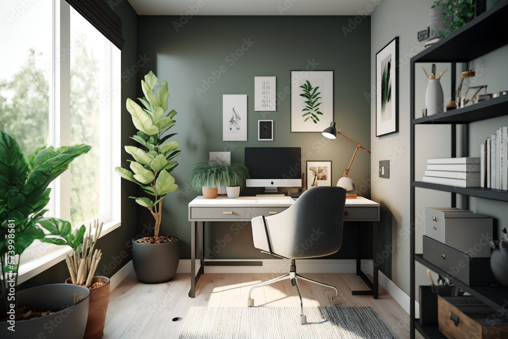 A cozy and modern home office with clean lines and a professional ...