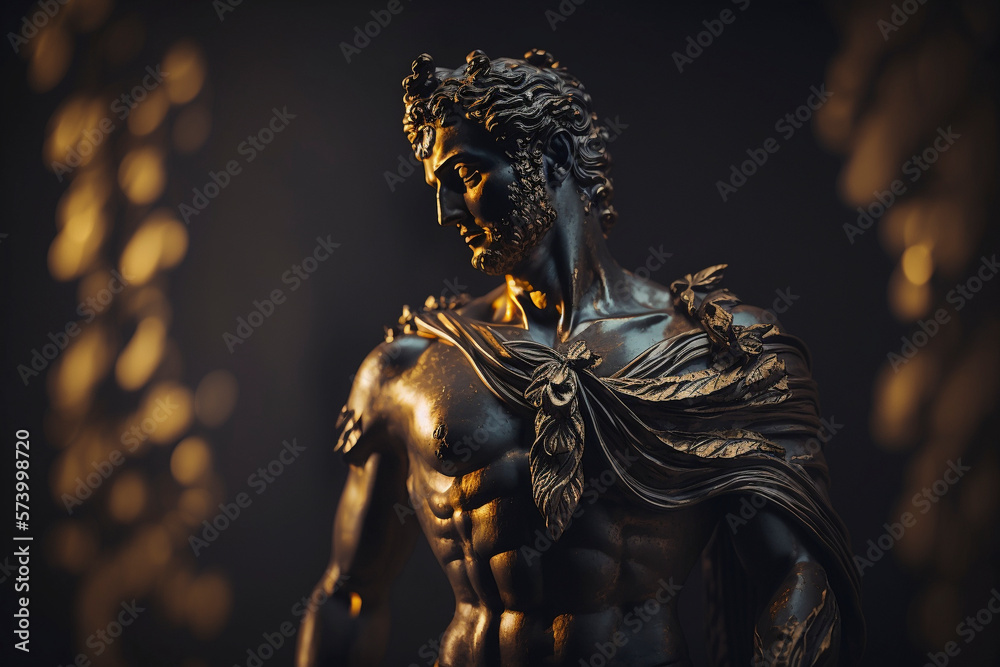 black and gold statue of Greek sculpture, bokeh background Stock ...