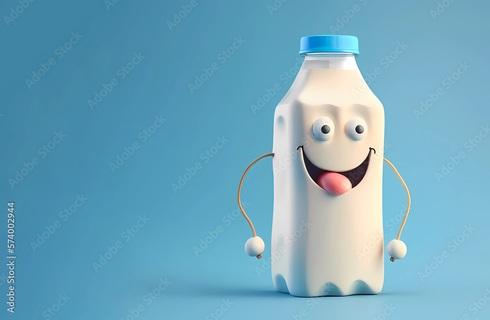 Milk bottle smiles, cartoon on blue background. Conveys emotions of joy ...