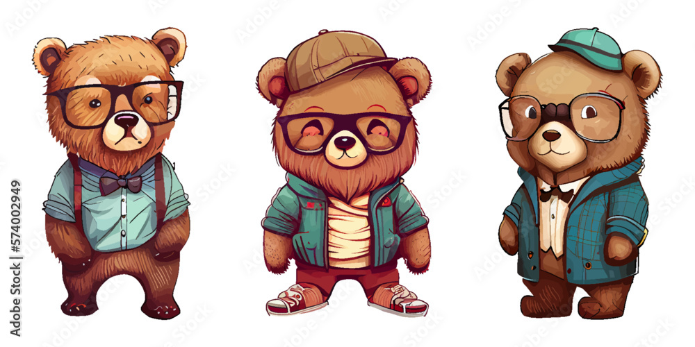 Сute bears set in stylish clothes and glasses in a watercolor style on ...
