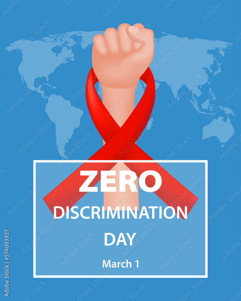 Design celebrating Zero Discrimination Day with a red ribbon and a ...
