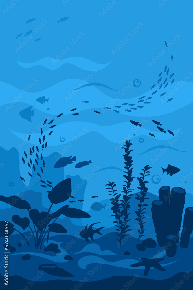 Vector ocean world. Deep seascape with seaweeds, fish and corals ...