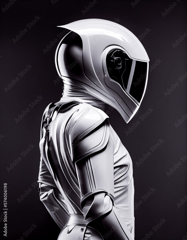 person posing in profile with a space suit, astronaut, motorsport suit ...