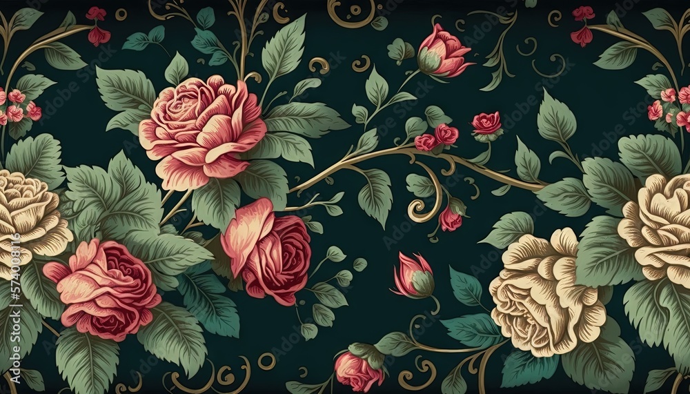 a floral wallpaper with roses and leaves on a green background with ...