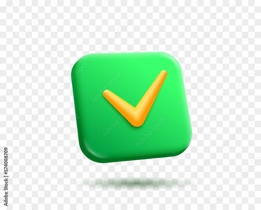 Accept tick check mark vector 3d render button. Green gradient app icon on transparent ...