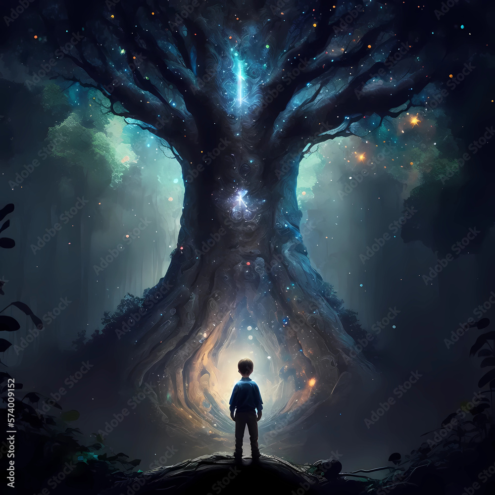 A young little boy is standing front of a giant magical tree in middle ...