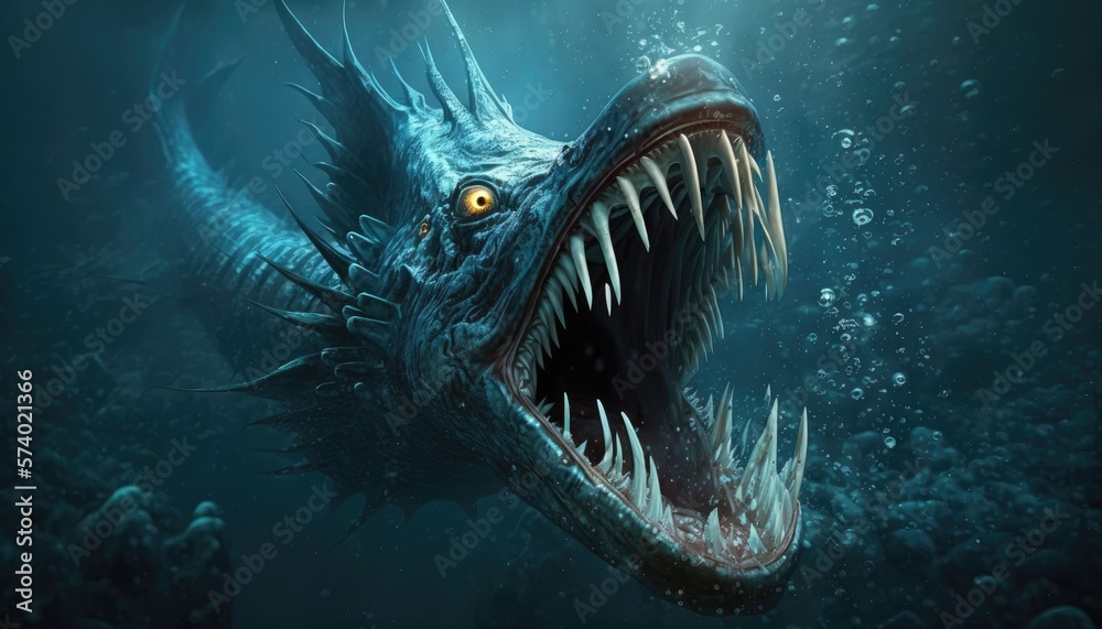 Enormous Underwater Creature with Open Mouth and Teeth, AI Generative ...