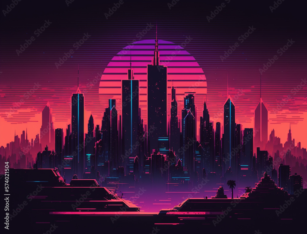 Abstract synthwave retro New York City skyline vibrant background ...
