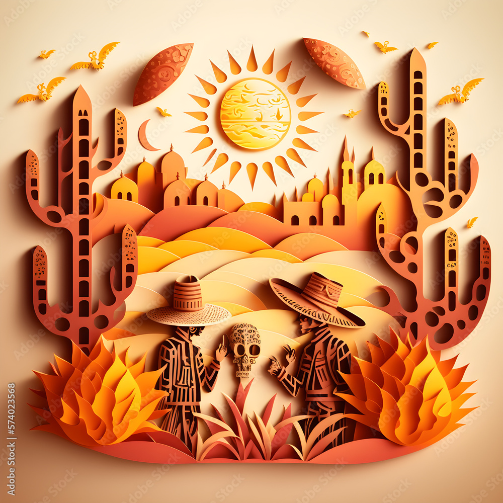 Desert Cinco De Mayo Papercut. Ai Generated Illustration. Diorama ...