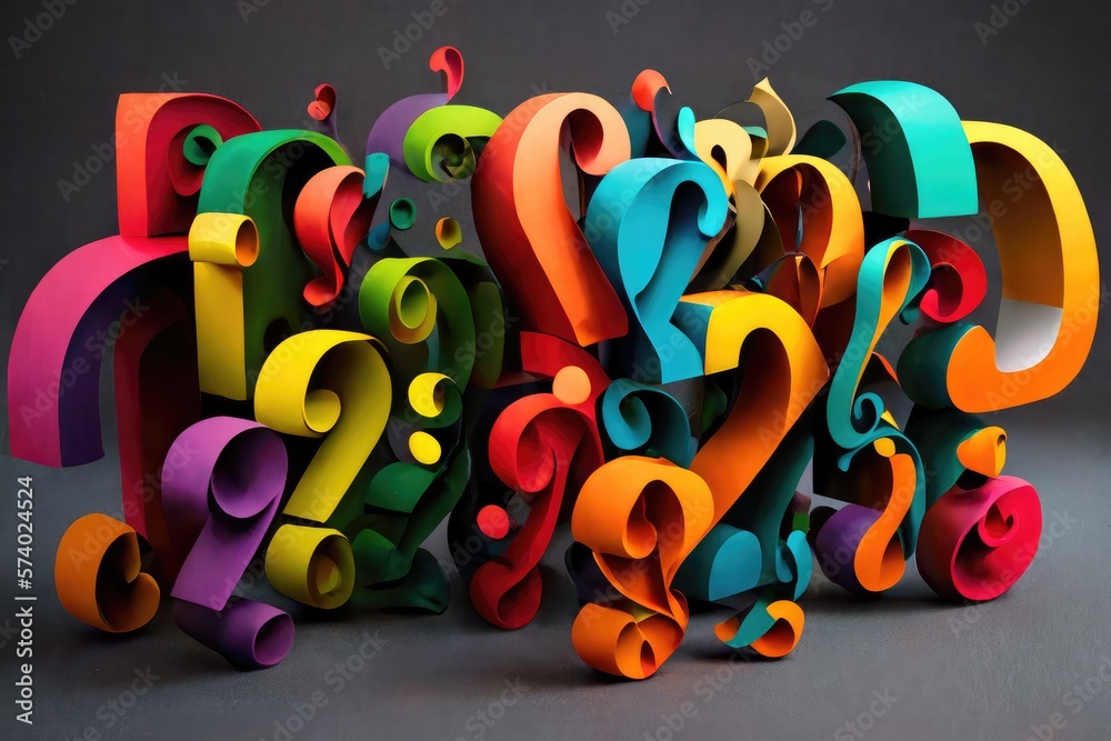 Many colorful 3-dimensional shapes resembling letters and question ...
