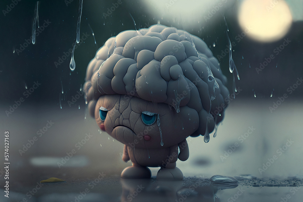 Sad brain in the rain 3d character generative ai illustration ...