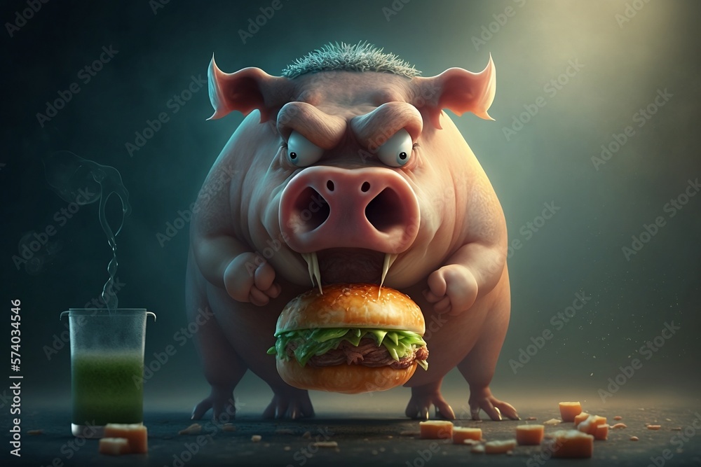 pig eating a juicy burger, hamburger with pig, space for text ...