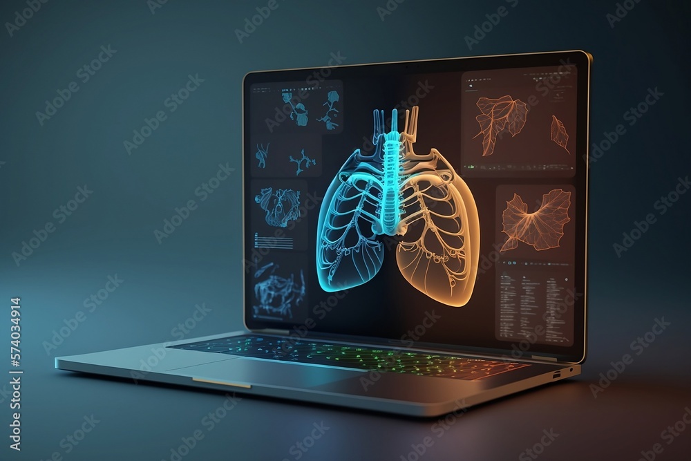doctor's desk, digital laptop screen with a projection of human anatomy ...
