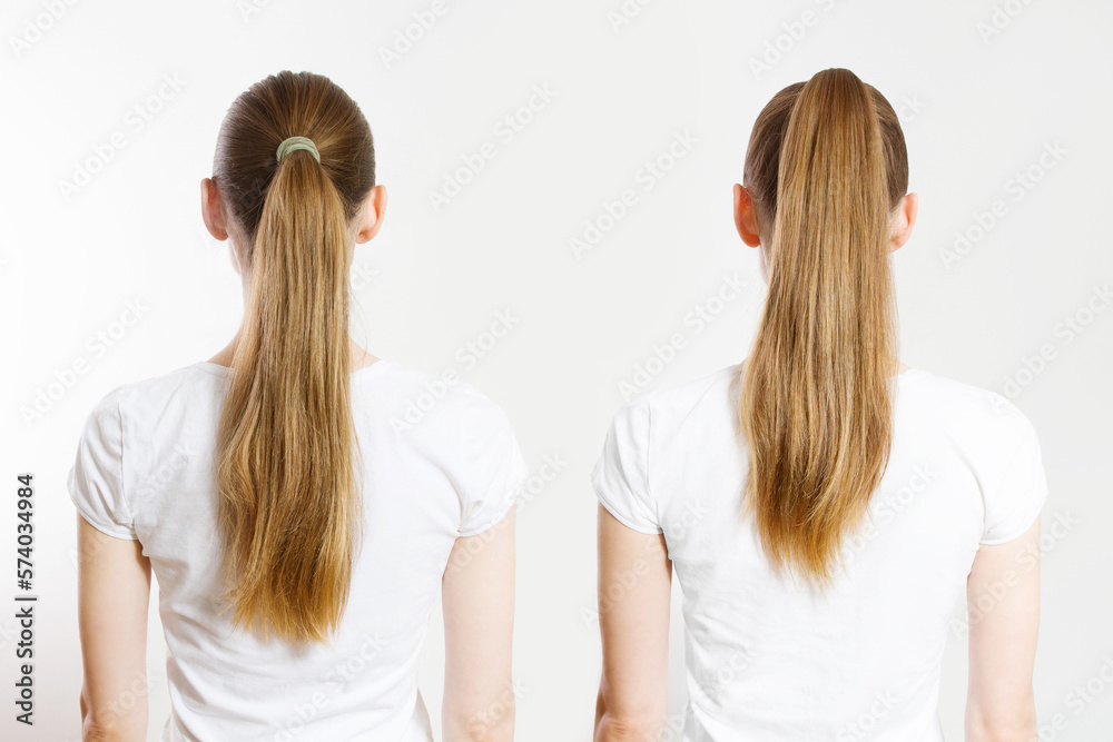 Closeup woman different ponytails back view isolated white background ...