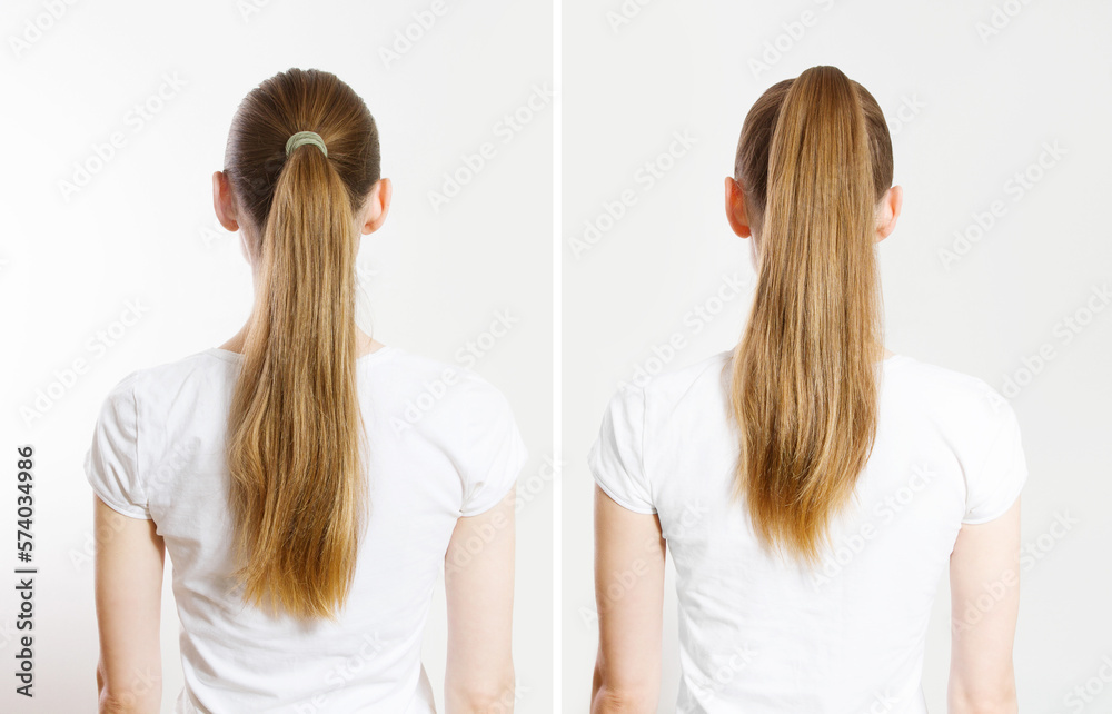 Closeup woman before after ponytails back view isolated white ...