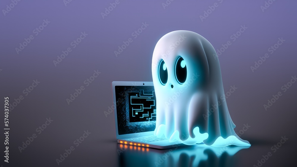 Сute ghost plays pacman retro computer game on gaming laptop. Copy ...