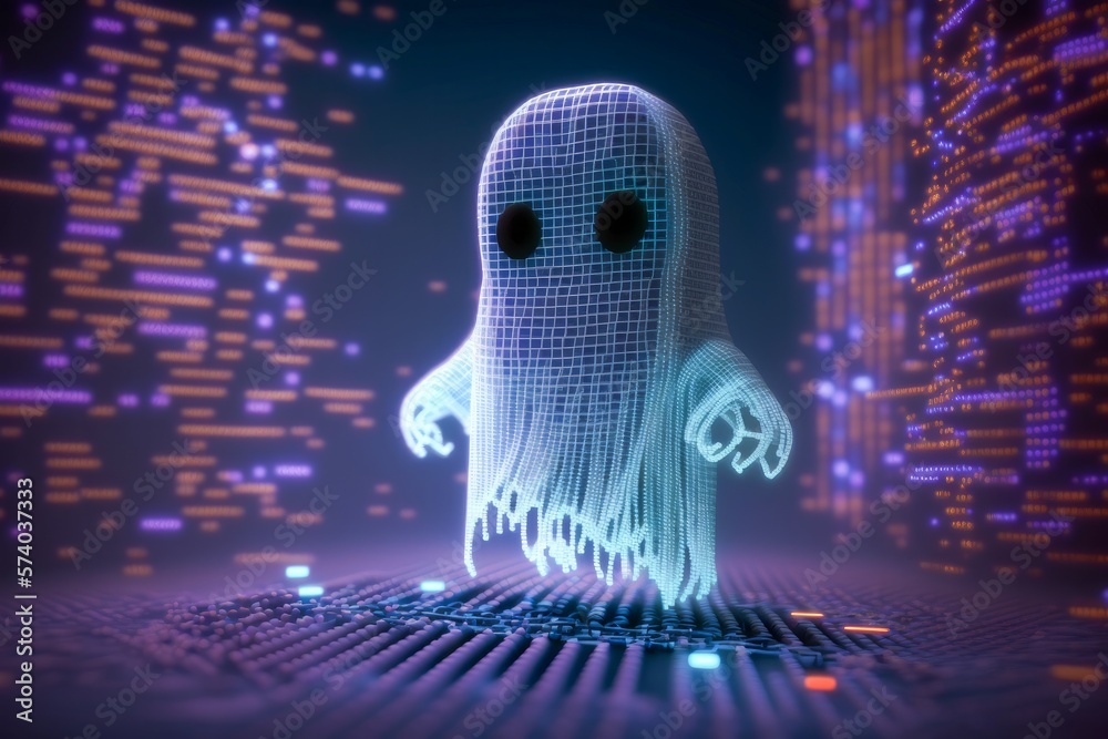 Adorable little cute cartoon ghost floats in cyberspace, filled with cyber patterns, digital ...