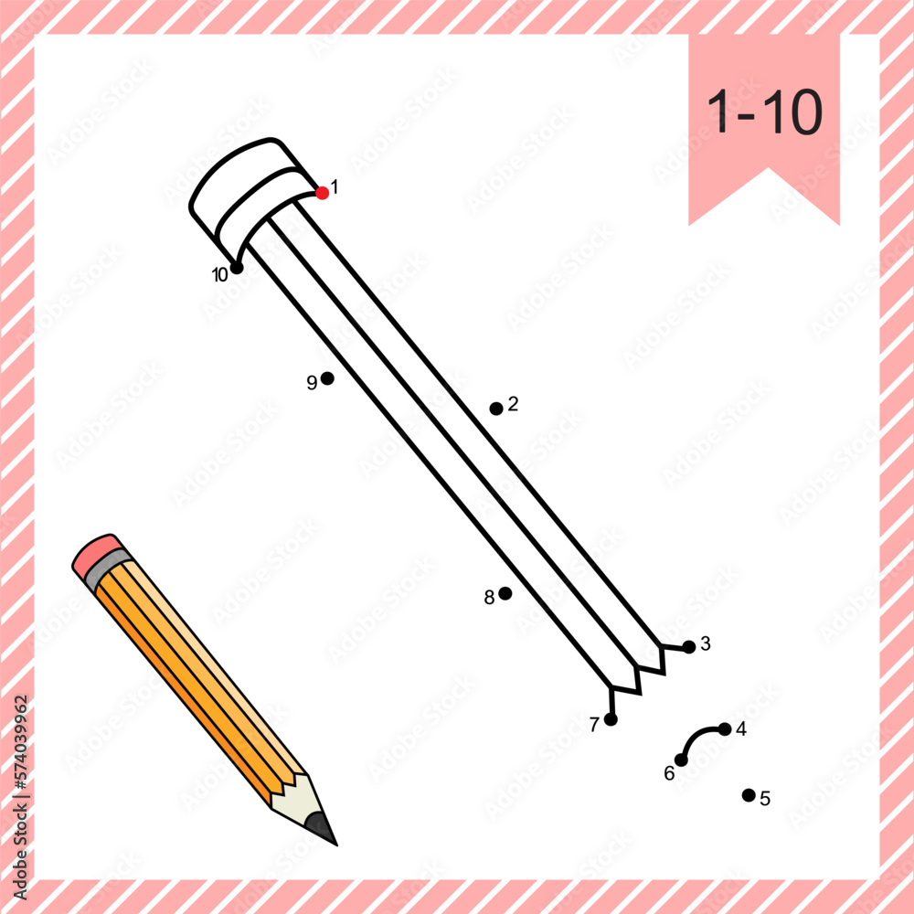 Dot to dot game. Pencil with eraser. Logic Game and Coloring Page with ...