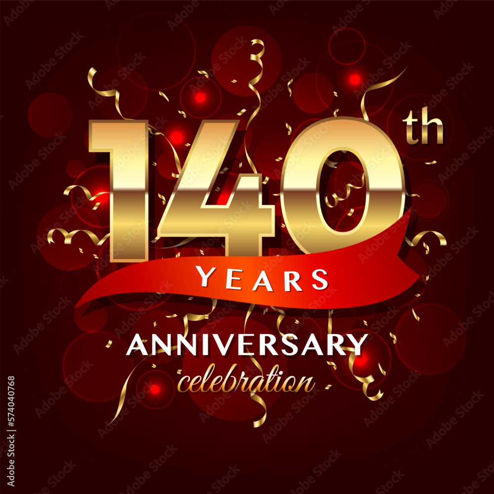 140th Anniversary logo design with golden number and red ribbon for ...