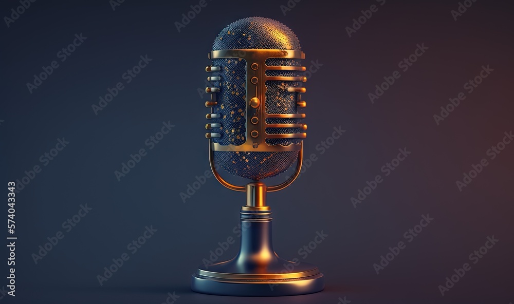 a gold and blue microphone on a black background with a blue and gold ...