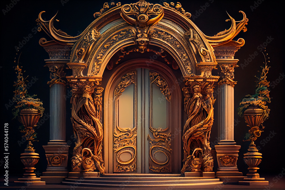 Columns and a golden luxury classic arch. the baroque style portal. The ...