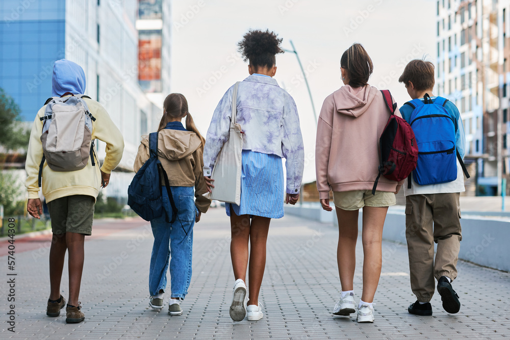Rear view of youthful interracial pupils of secondary school with ...