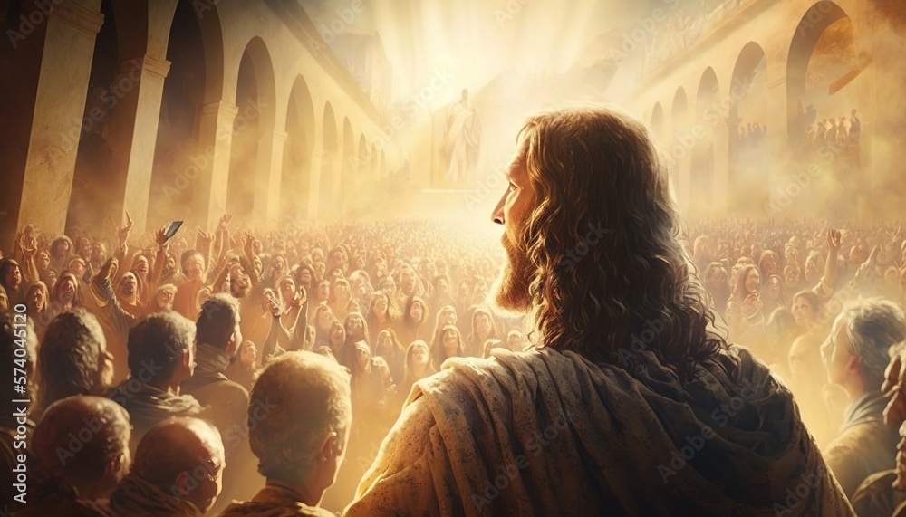 KI Illustration - Jesus gives a speech to people in a big circle and ...