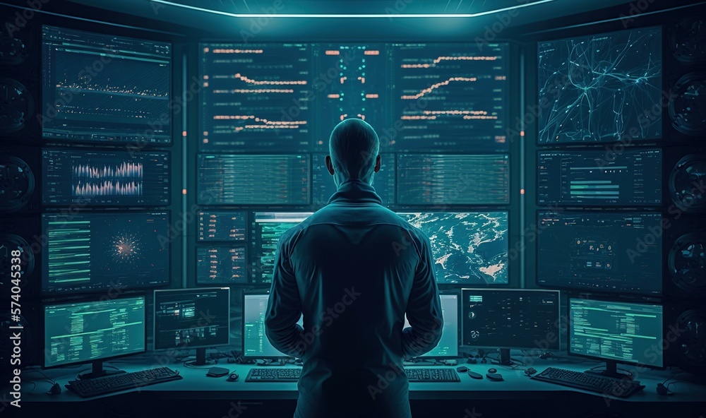 Dark control room with many screens as a trading setup with charts on ... Dark control room with many screens as a trading setup with charts on ...