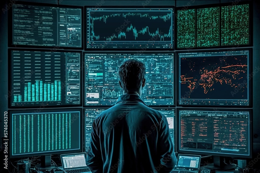 Dark control room with many screens as a trading setup with charts on ... Dark control room with many screens as a trading setup with charts on ...