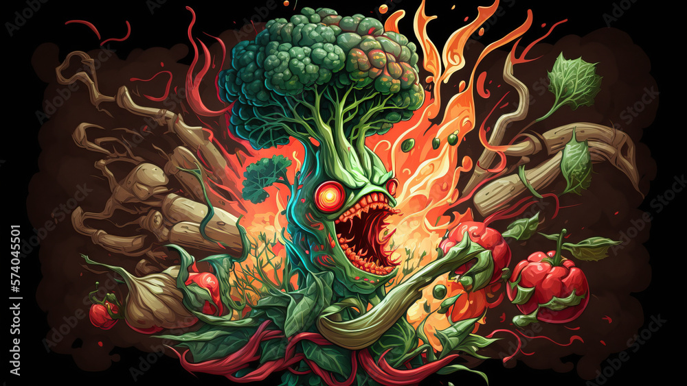 Cauliflower monster veggie breathing fire surrounded by exploded parts ...