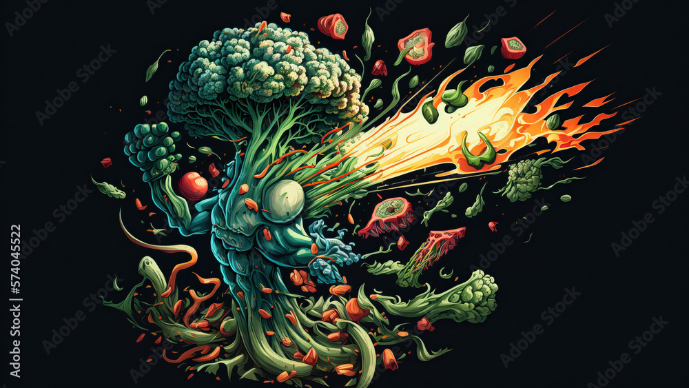 Cauliflower monster veggie breathing fire surrounded by exploded parts ...