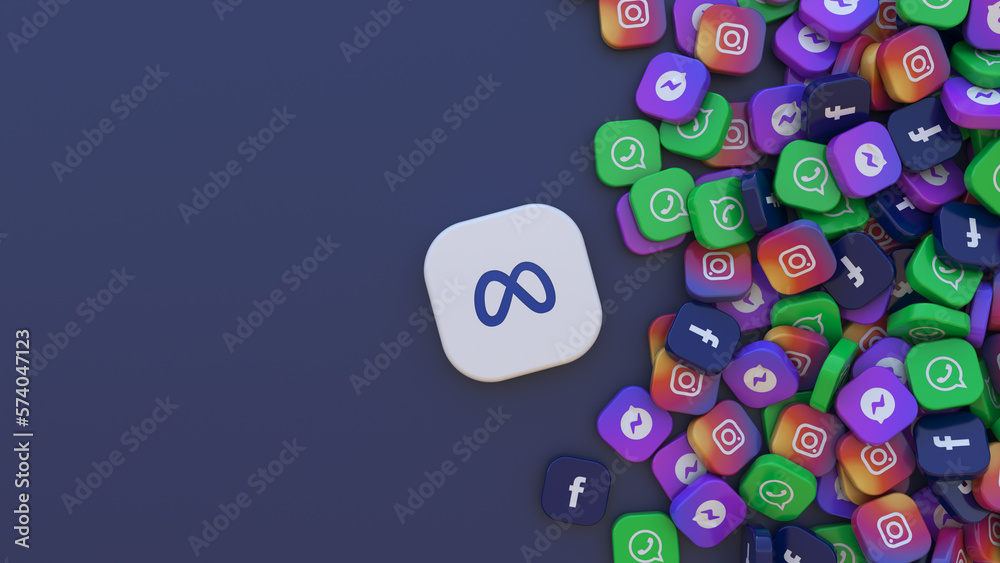 Foto de 3D rendering of a Meta logo badge surrounded by badges with the ...