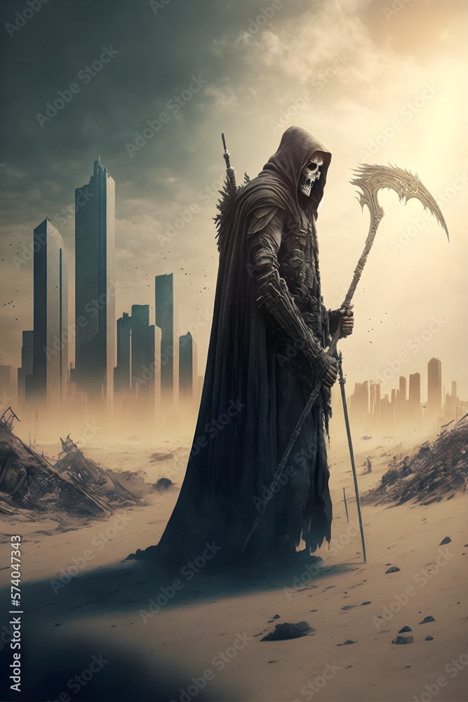 The grim reaper holding a huge scythe skeletons and skulls lying on the ...
