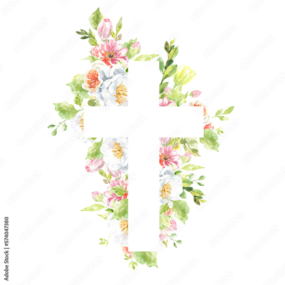 Watercolor Christian cross illustration. Botanical Cross with peony ...