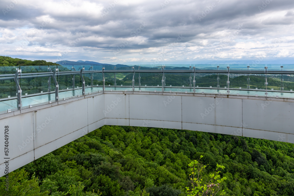 Glass walkway (observation deck) with transparent floor overlooking ...