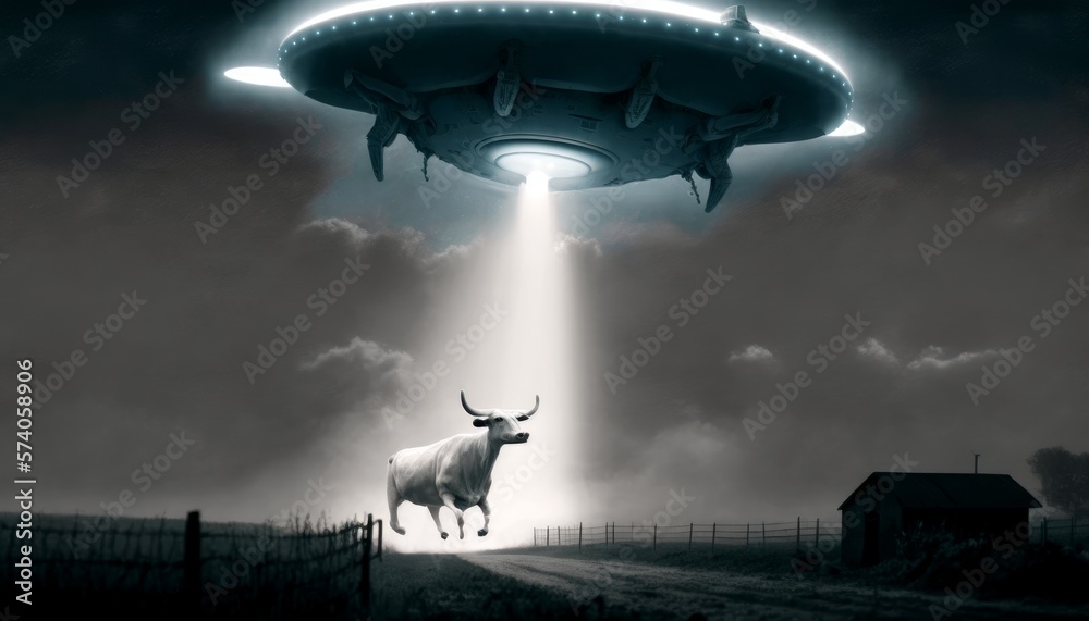 A surreal artwork featuring a cow being abducted by a UFO, with the cow ... A surreal artwork featuring a cow being abducted by a UFO, with the cow ...