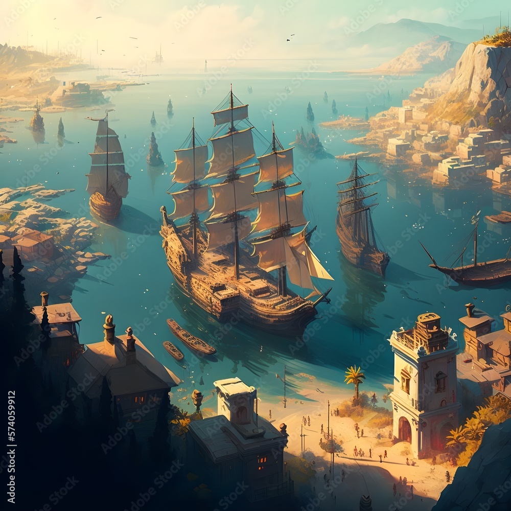 an areal view of a medieval harbor skyline in a bright and sunny bay ...