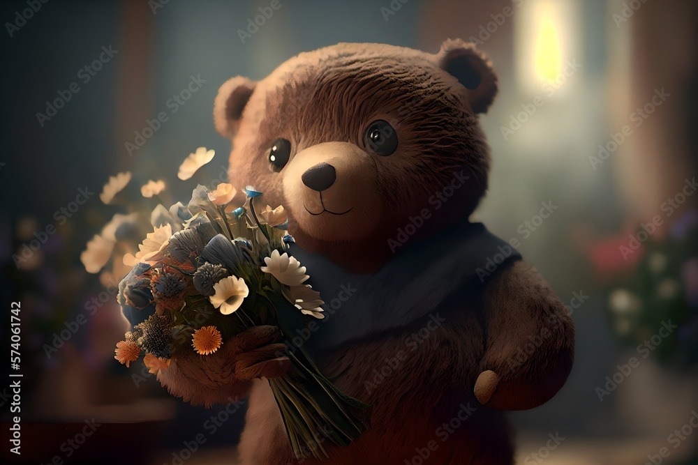 Cute teddy bear sits on the floor, bouquet of flowers in a vase ...